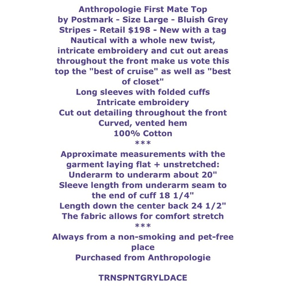 Anthropologie | Tops | 98 Anthropologie First Mate Top Large 1 12 Blue ...